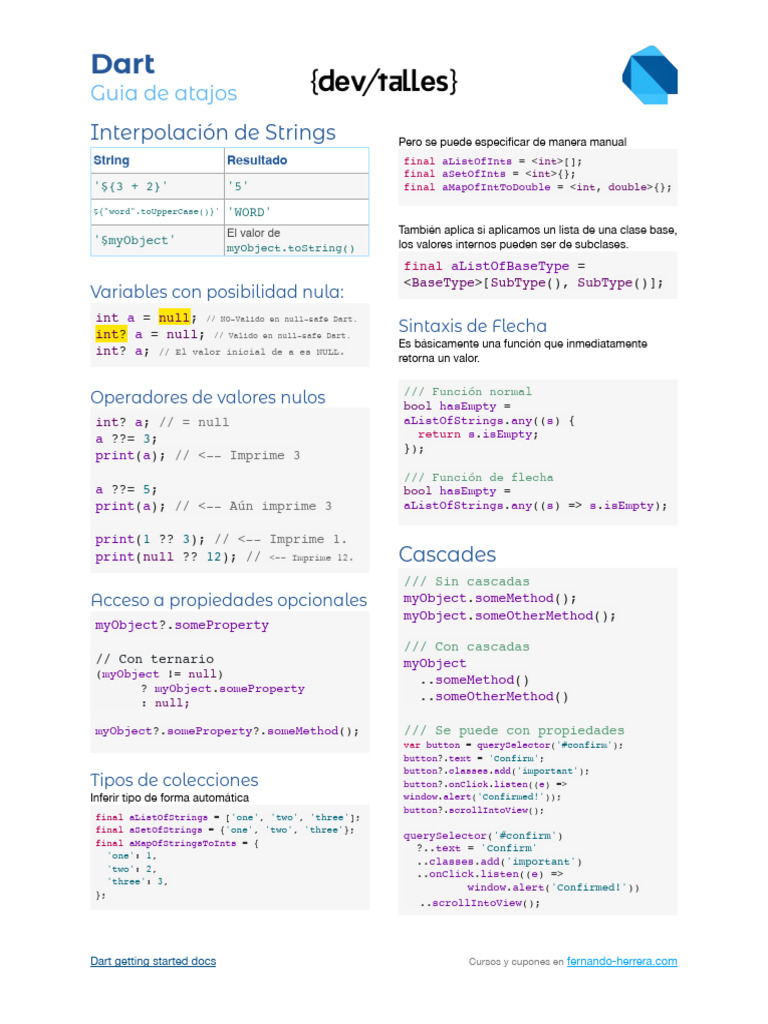 Dart Cheat Sheet | PDF | Biblioteca (informática) | Constructor (Programación Orientada a Objetos)