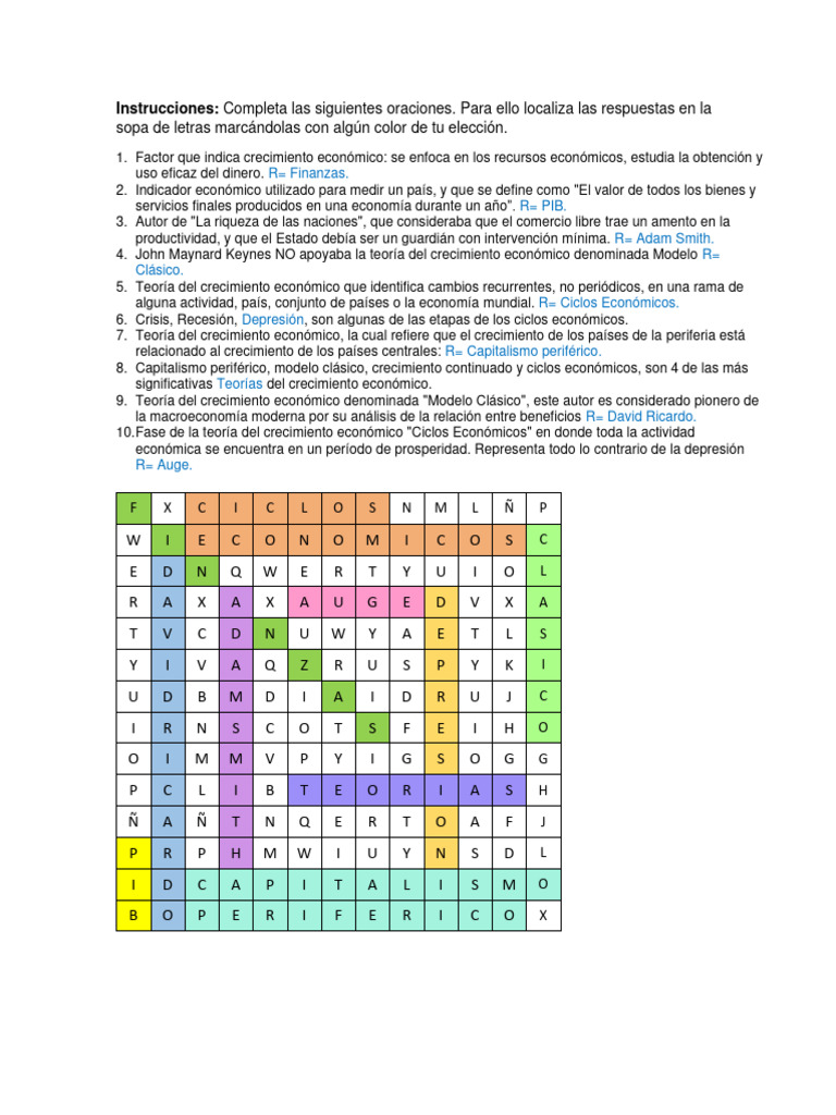 Sopa de letras: Teorías económicas | PDF | Ciclo comercial ...