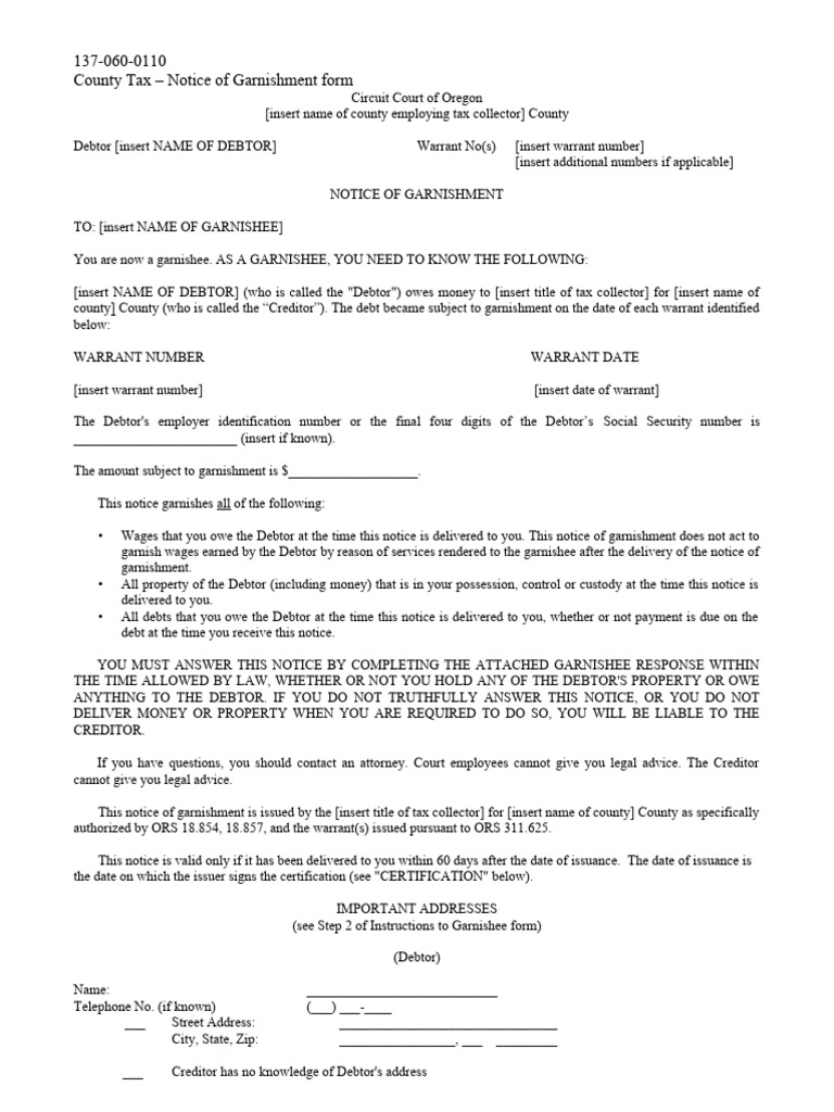 DOJ Garnishment Form 137-060-0110 | PDF | Garnishment | Private Law