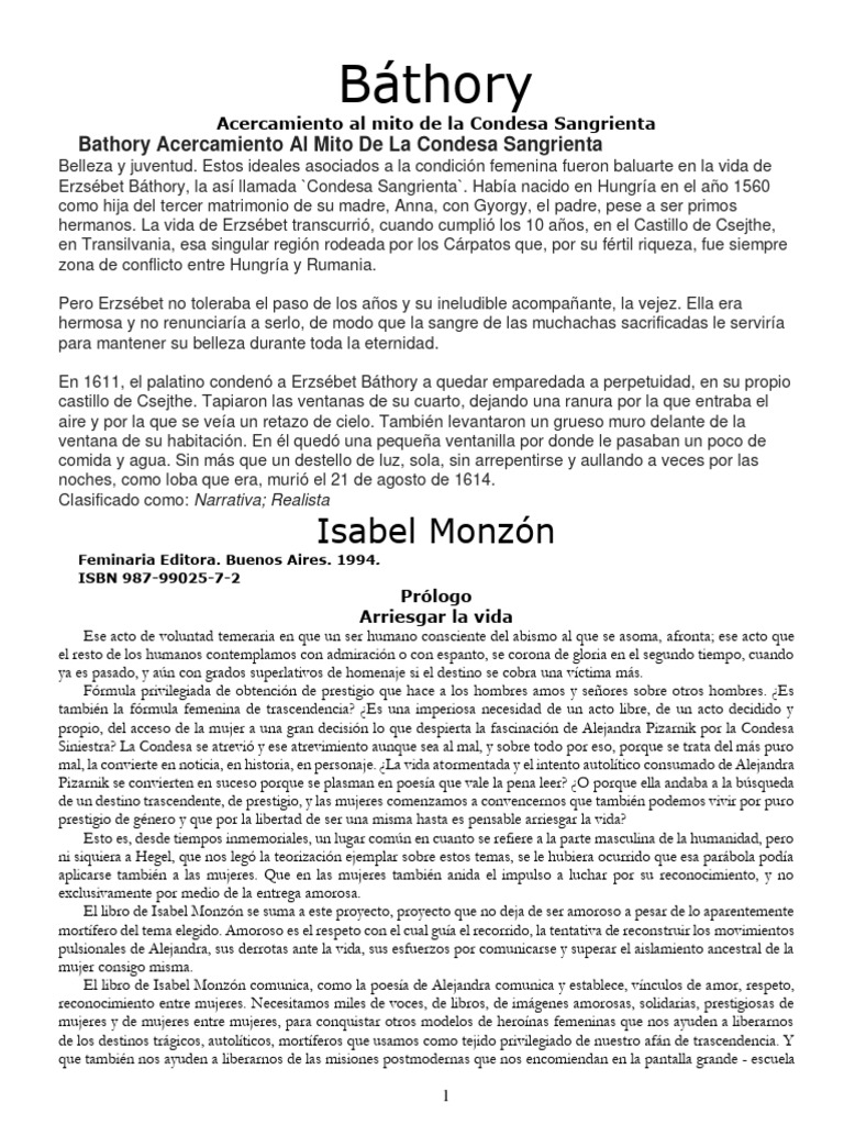 Barthory Acercamiento Al Mito de La Condesa Sangrienta - Isabel Monzon ...