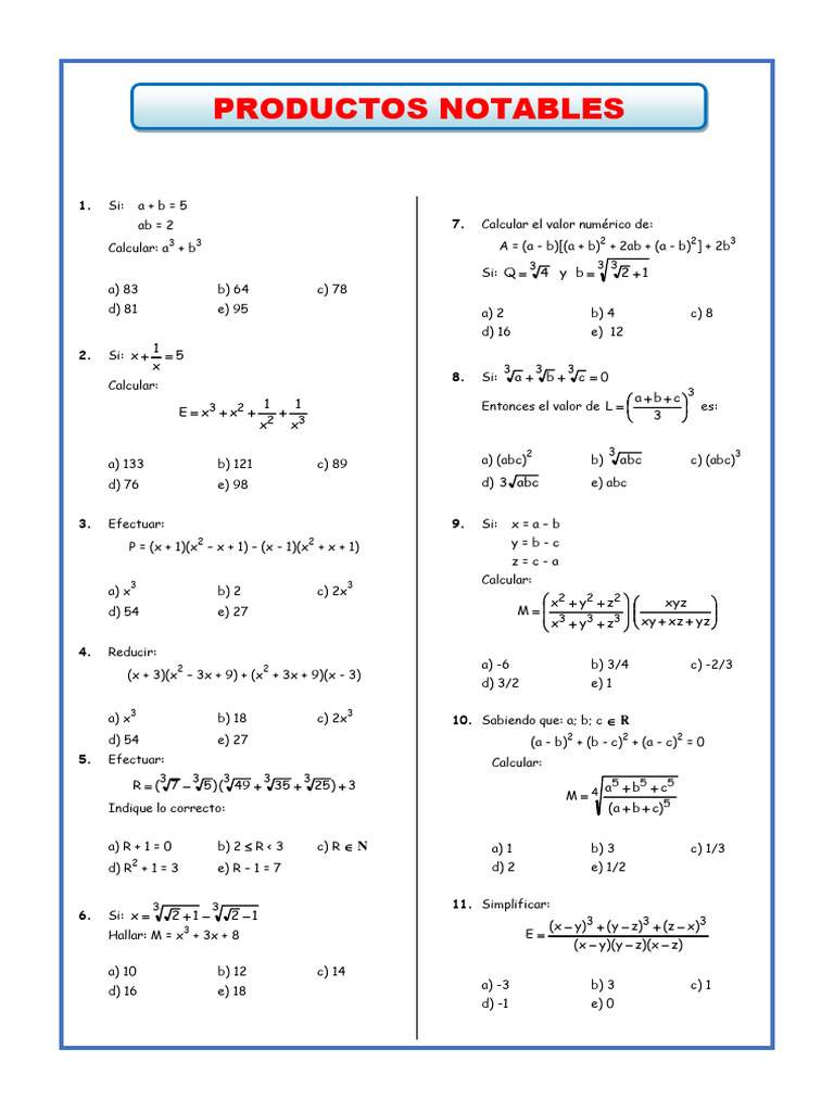 Productos Notables Básico e Intermedio Full Ejercicios | PDF | Ajedrez