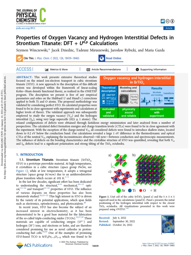 Winczewski Et Al 2022 Properties of Oxygen Vacancy and Hydrogen ...