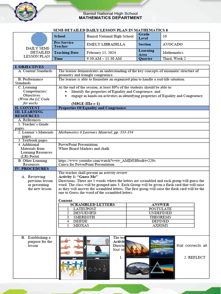 Dlp1-Q3week-Properties of Equality and Congruence | PDF | Axiom | Equations