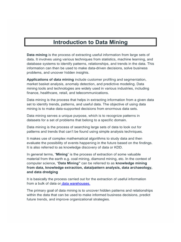 DATA MINIING Unit 1 Notes | PDF