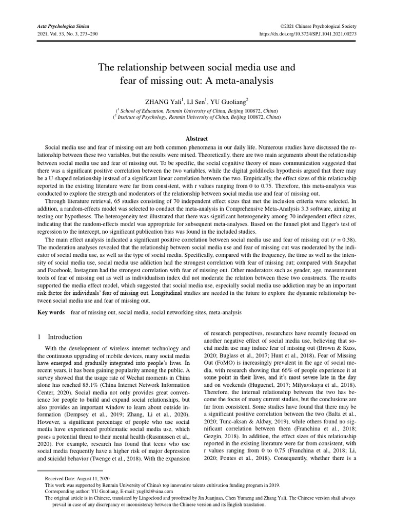 The Relationship Between Social Media Use and Fear of Missing Out - A ...
