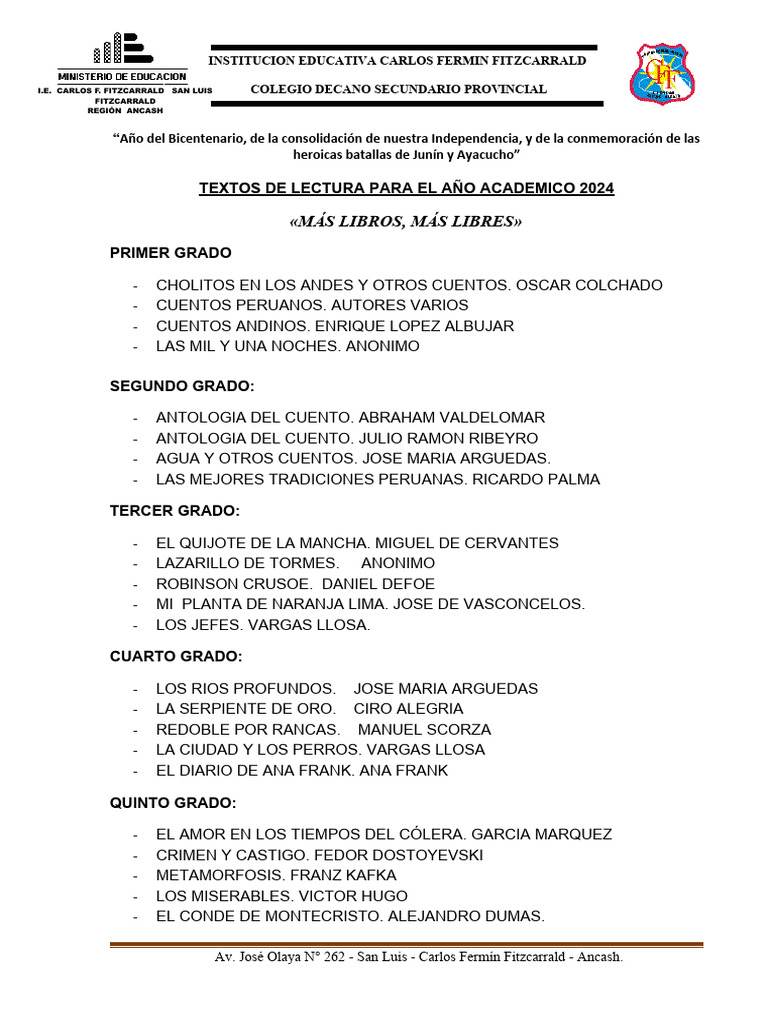 Textos de Lectura 2024 | PDF | Literatura en español