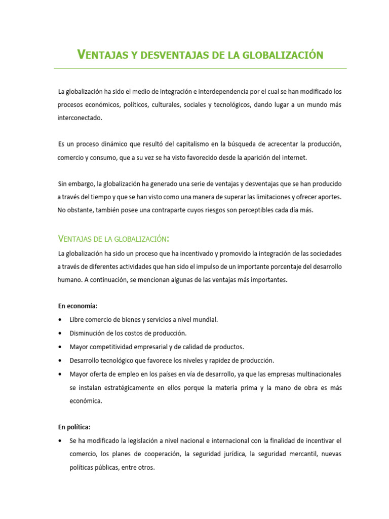 U1 - Ventajas y Desventajas de La Globalizacion | PDF | Globalización | Comercio