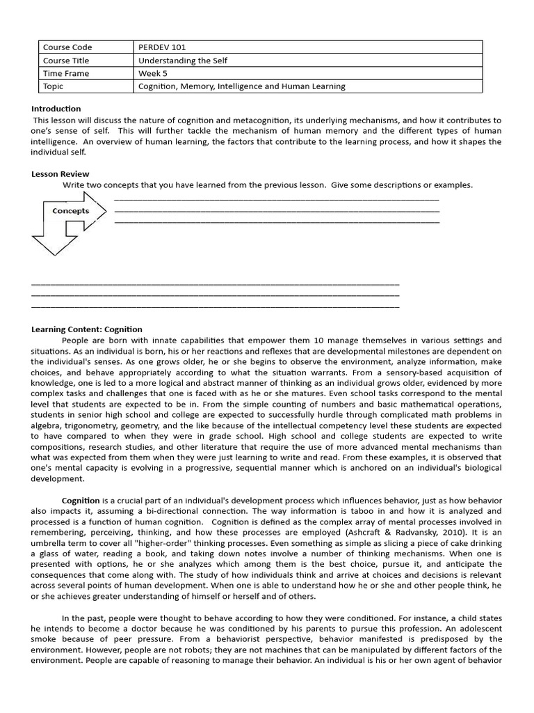 PERDEV Hand Outs Cognition | PDF | Memory | Cognition