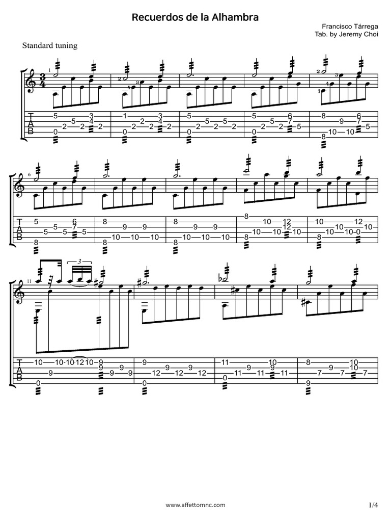 Tab - Recuerdos de La Alhambra | PDF | Guitarra clásica | Guitarras ...