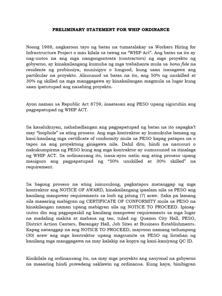 Preliminary Statement For Whip Ordinance | PDF