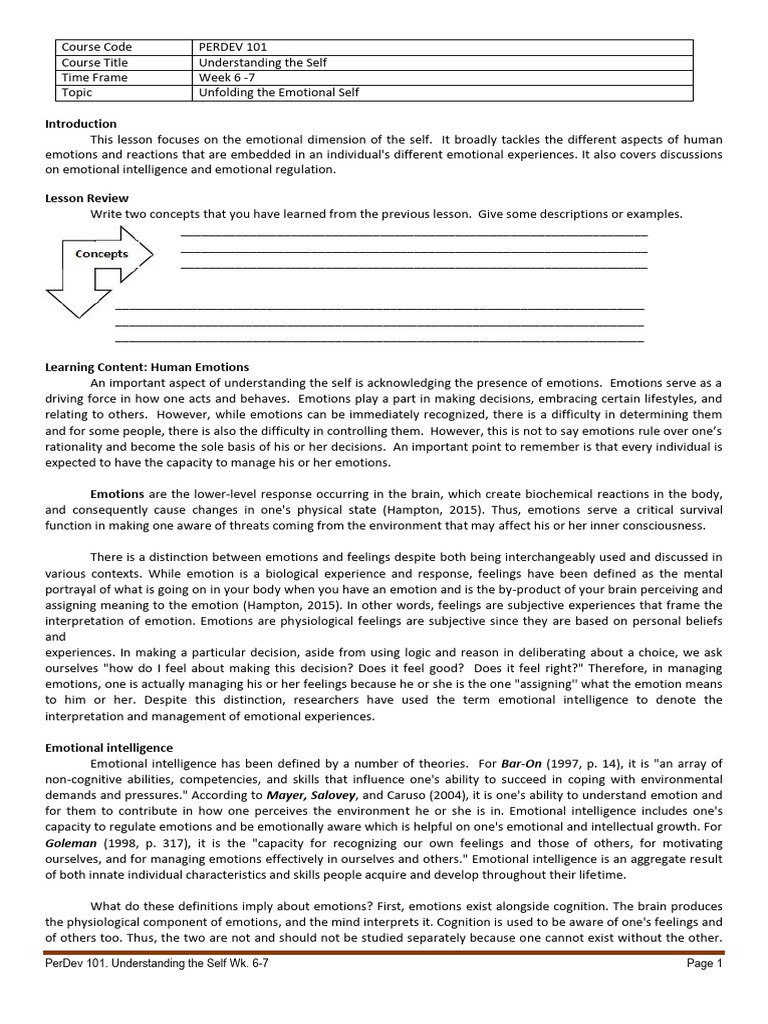PERDEV Hand Outs Only Week 6 7 | PDF | Emotions | Emotional Intelligence