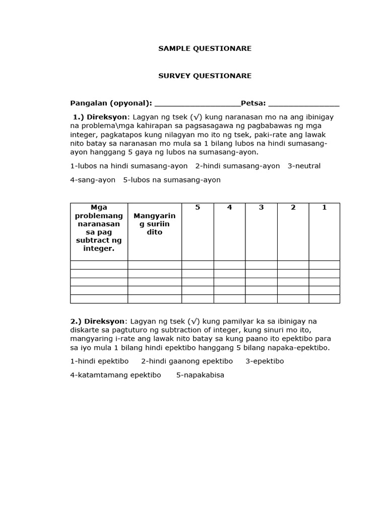 Sample Questionnare Tagalog | PDF
