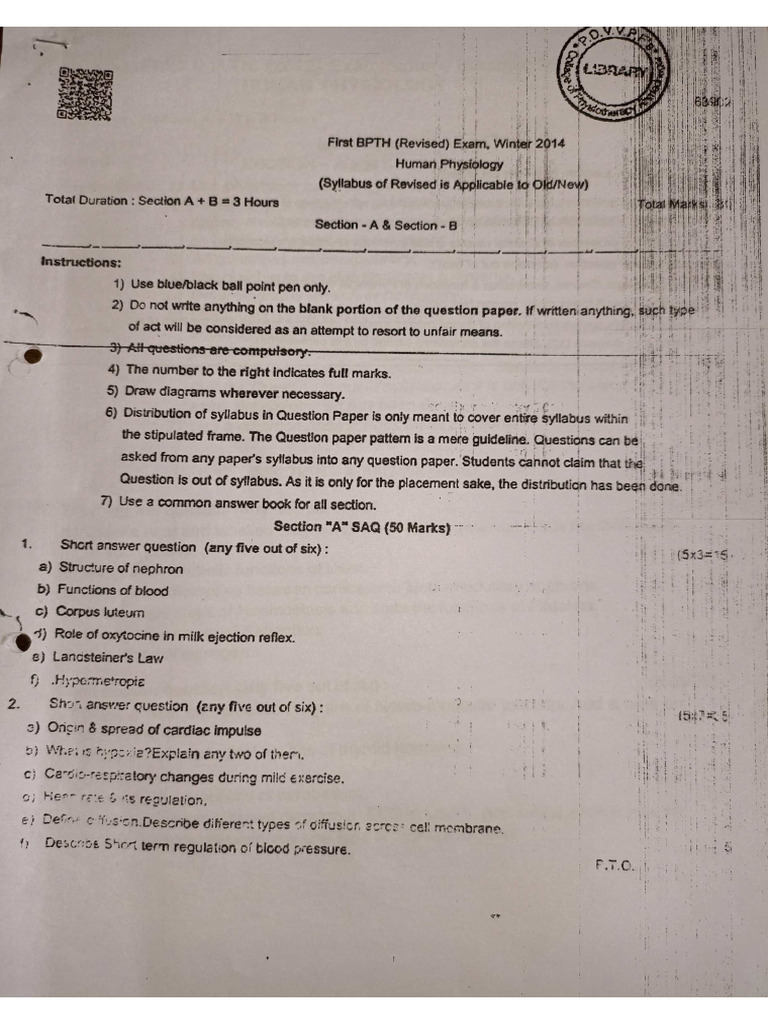 Pyqs Human Physiology | PDF