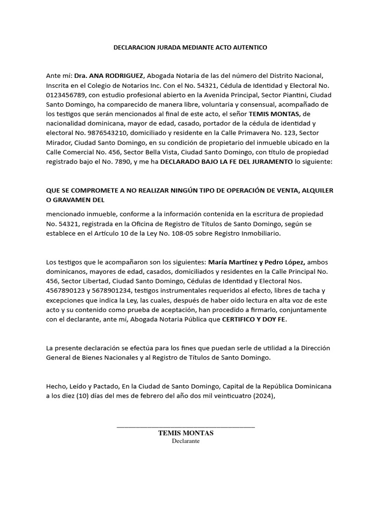 Declaracion Jurada Mediante Acto Autentico | PDF | República Dominicana | Documento de identidad