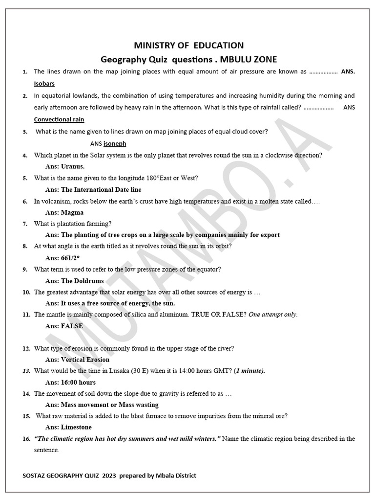 Geography Quiz Questions for Students | PDF | Earth | Rain