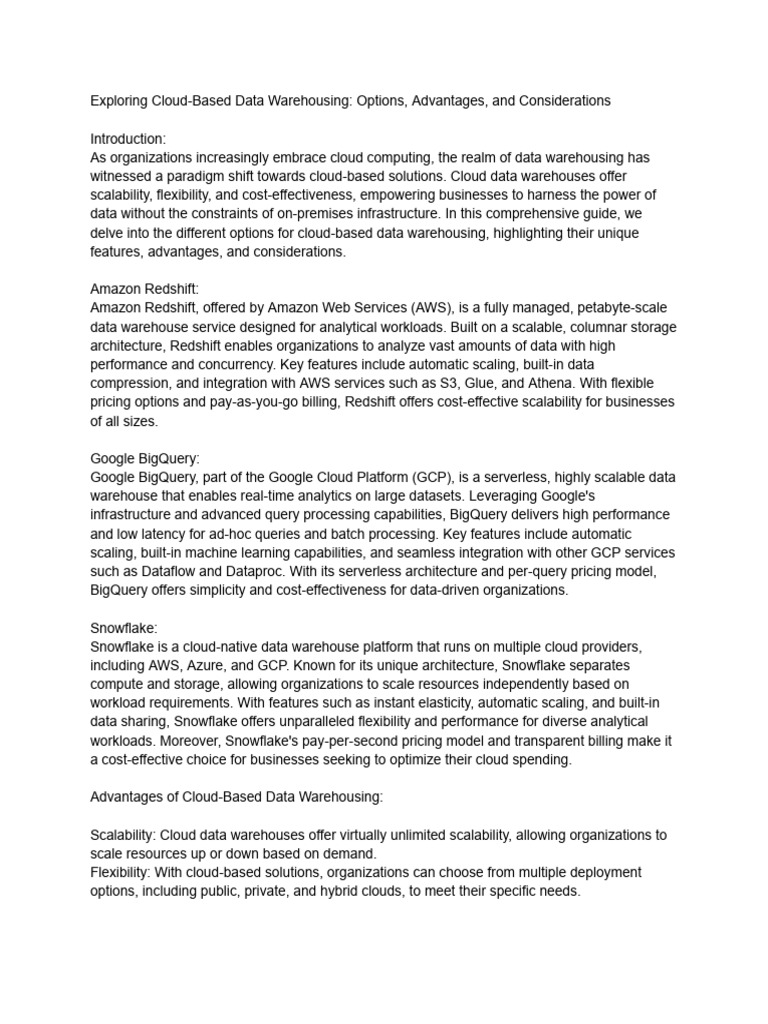 Exploring Cloud-Based Data Warehousing - Options, Advantages, and Considerations | PDF | Cloud ...
