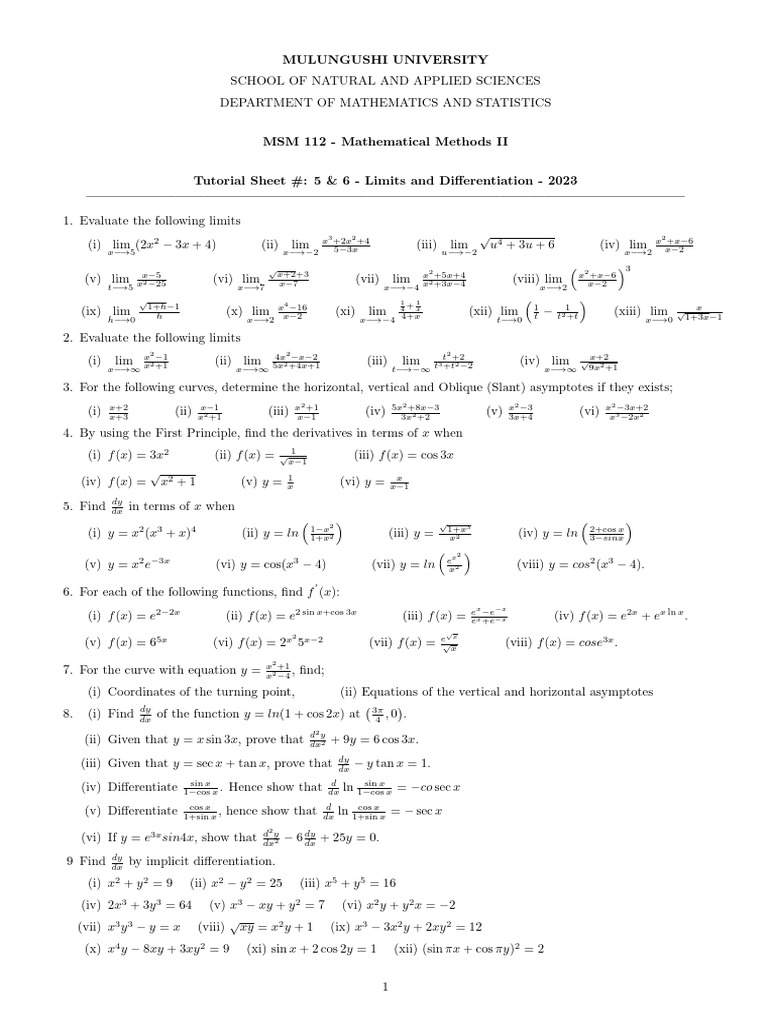 MSM 112 - Limits Differentiation - T2 | PDF | Elementary Mathematics | Analysis