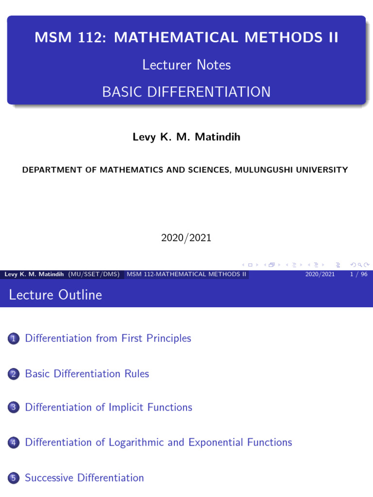 Msm 112 Differentiation Lecture Notes Pdf Derivative