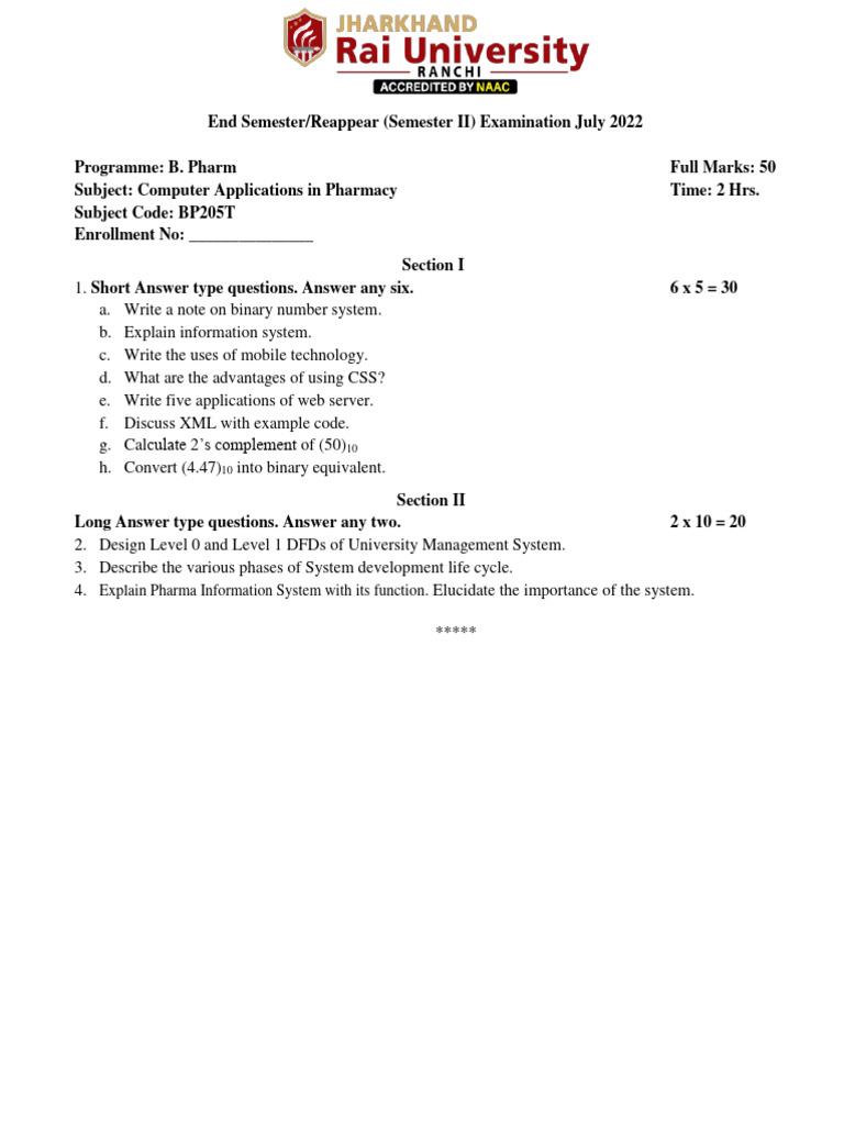 Computer Applications in Pharmacy Exam 2022 | PDF | Computers ...