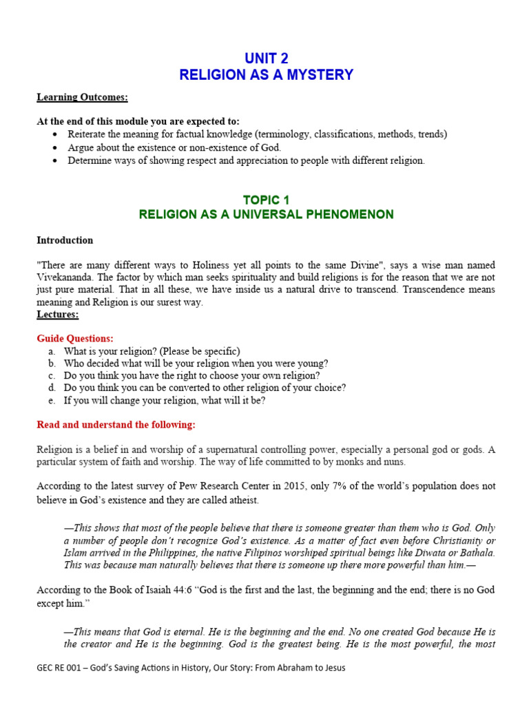 GEC RE 001 Unit 2 Topic 1 Lecture | PDF | God | Faith