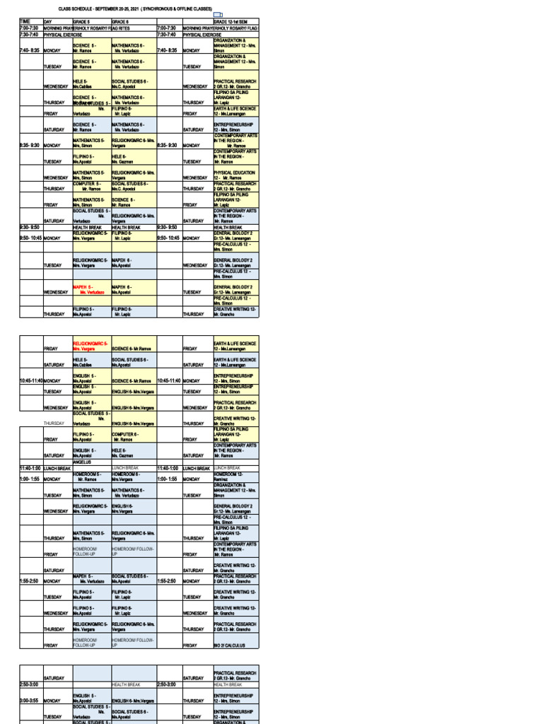 Class Schedule A S 2020 2021 Sept 20 25 2021 EDITED | PDF | Prayer
