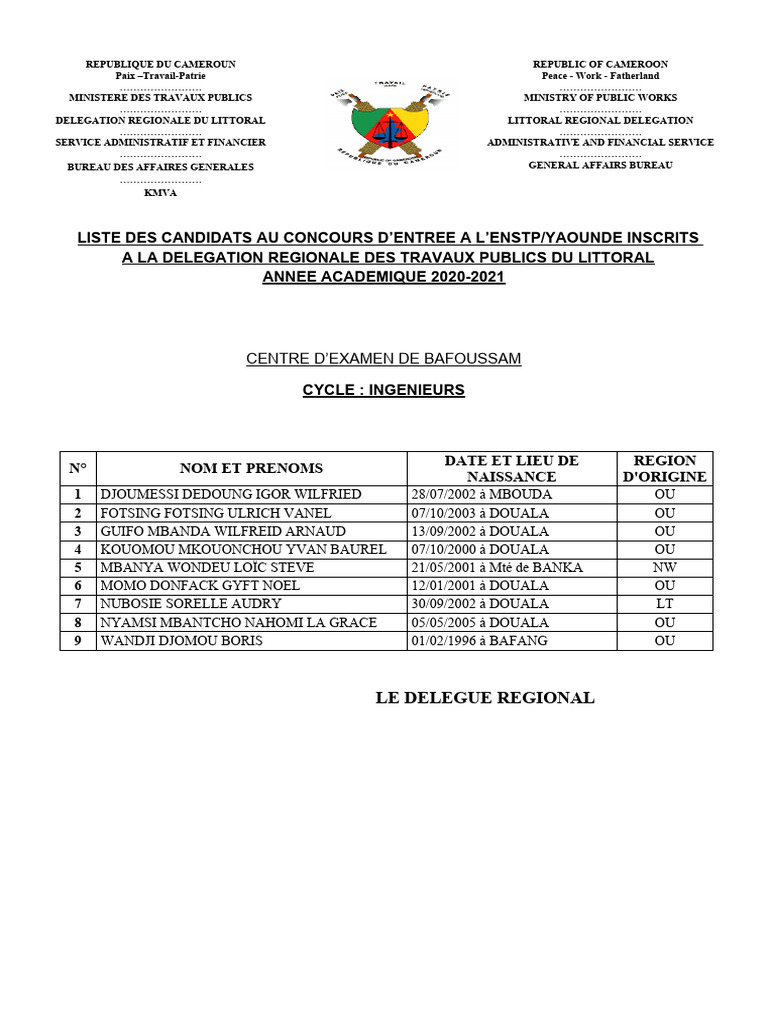 Liste des candidats ENSTP 2020-2021 | PDF