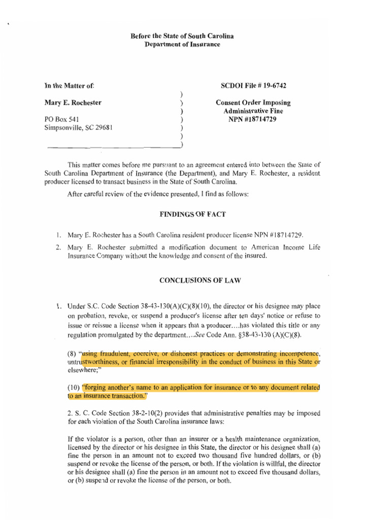SCDOI File # 19-6742 Consent Order | PDF | Fine (Penalty) | Public Law