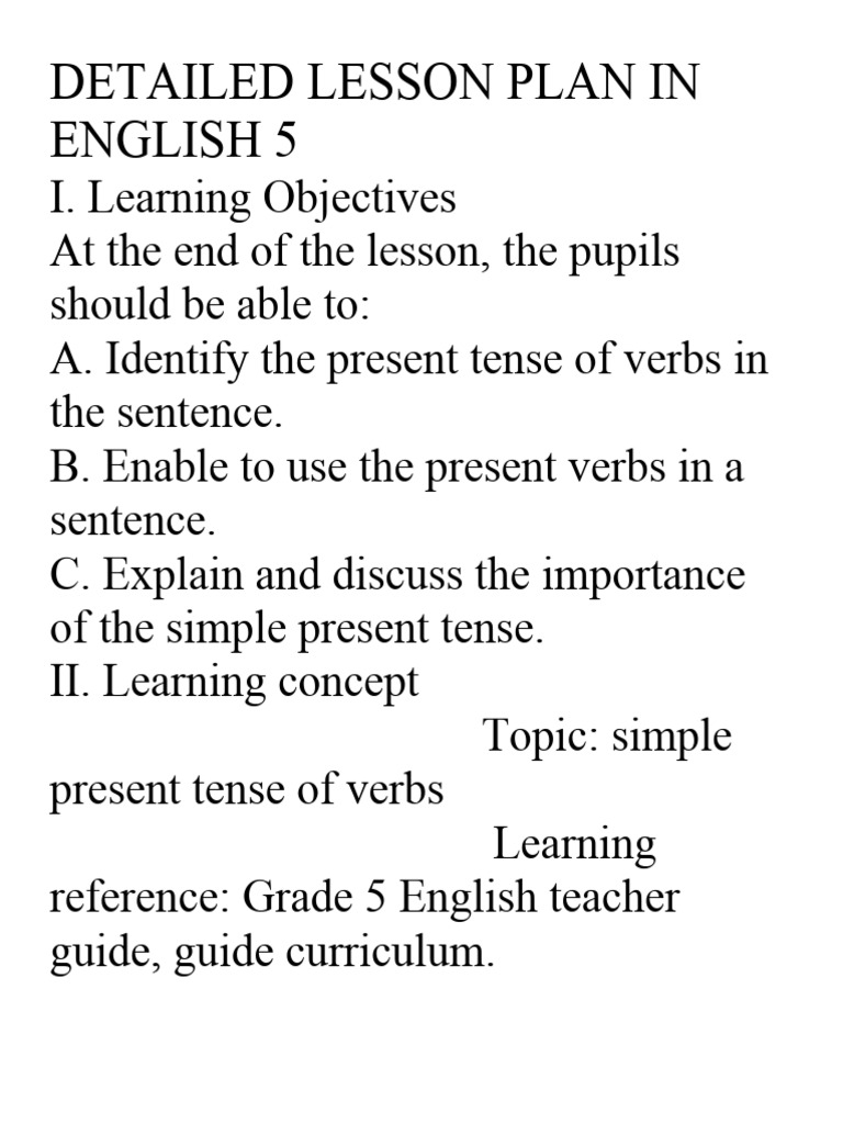 Grade 5 English Lesson Plan: Present Tense | PDF | Lesson Plan ...