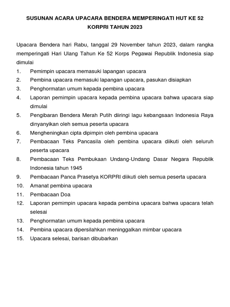 Susunan Acara Upacara Dan Nama Petugas Hut Ke 52 Korpri Tahun 2023 | PDF | Perjalanan | Kajian ...
