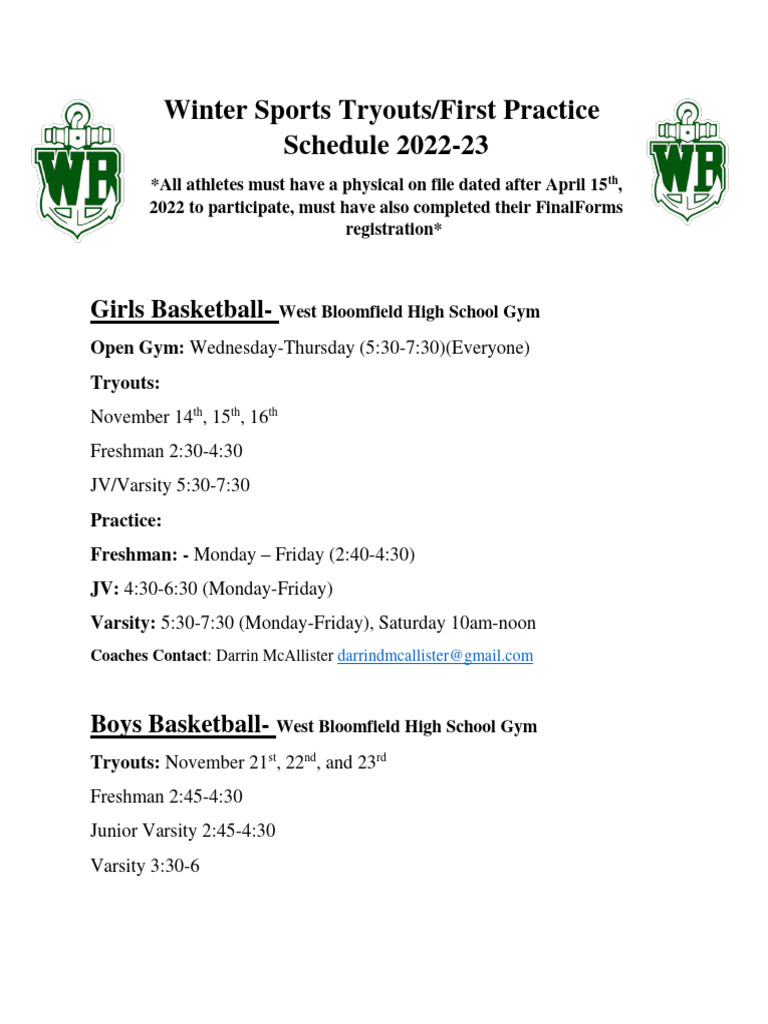Winter Sports Tryout First Practice Schedule 2022 20232 | PDF | Team ...