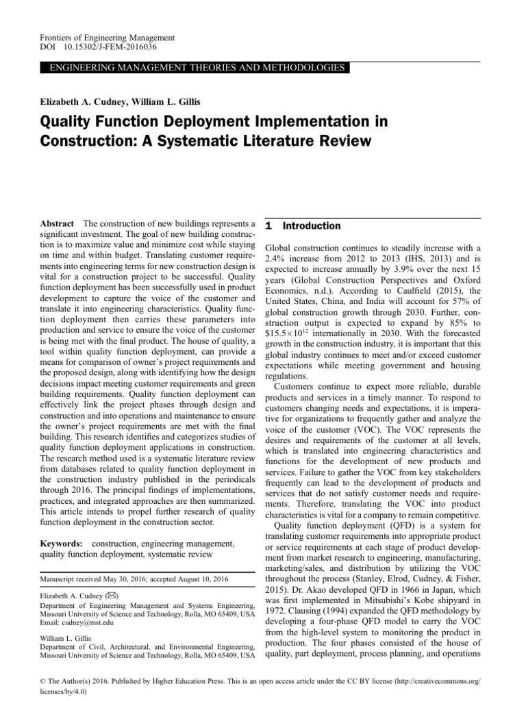 Quality Function Deployment Implementation in Construction_ A Systematic Literature Review | PDF ...