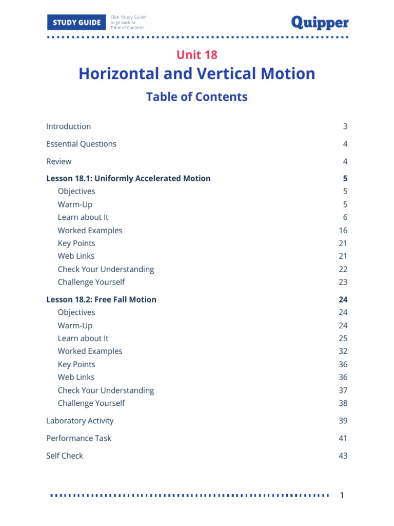 18.0 Science 9 Unit 18 Horizontal and Vertical Motions Study Guide ...