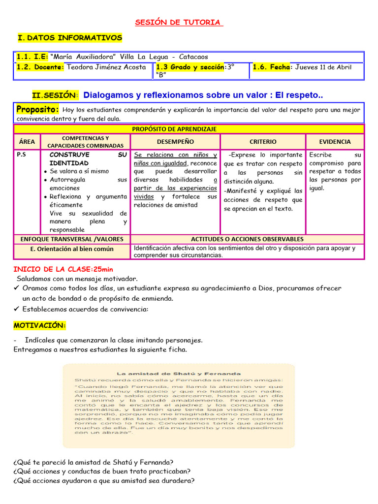 Sesión Tutoria Valor Respeto Descargar Gratis Pdf Evaluación