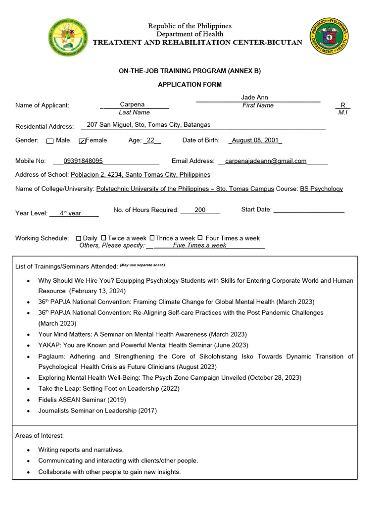 OJT Application Form | PDF | Psychology | Mental Health
