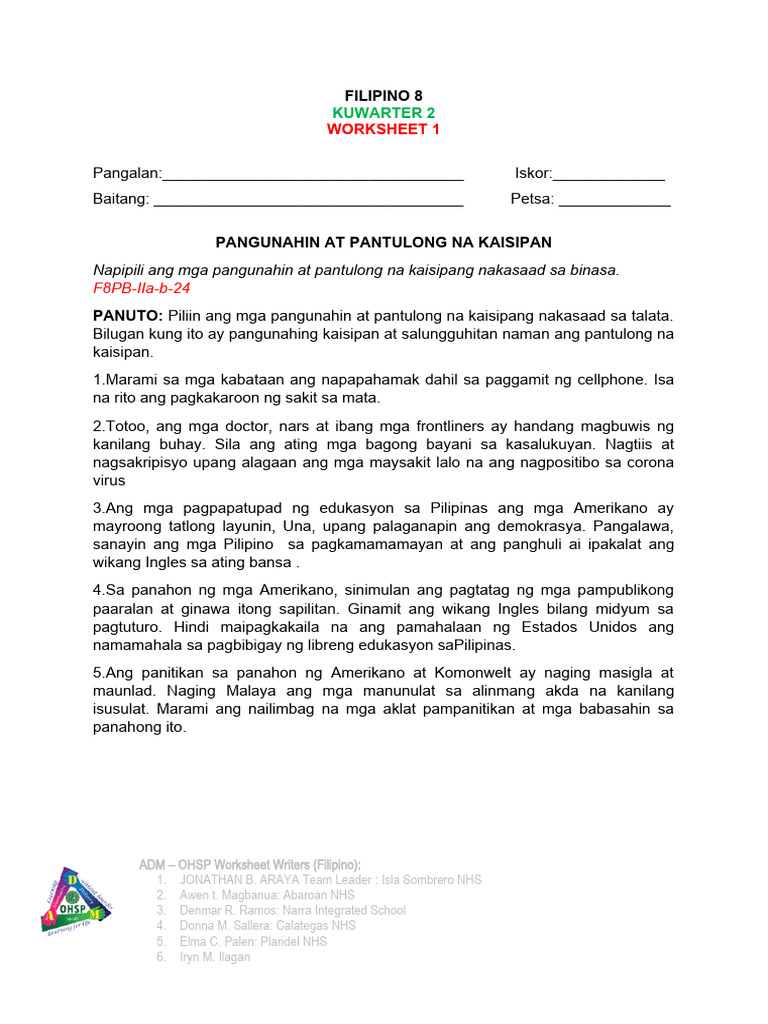 Q2 Filipino 8 W1-W8 | PDF
