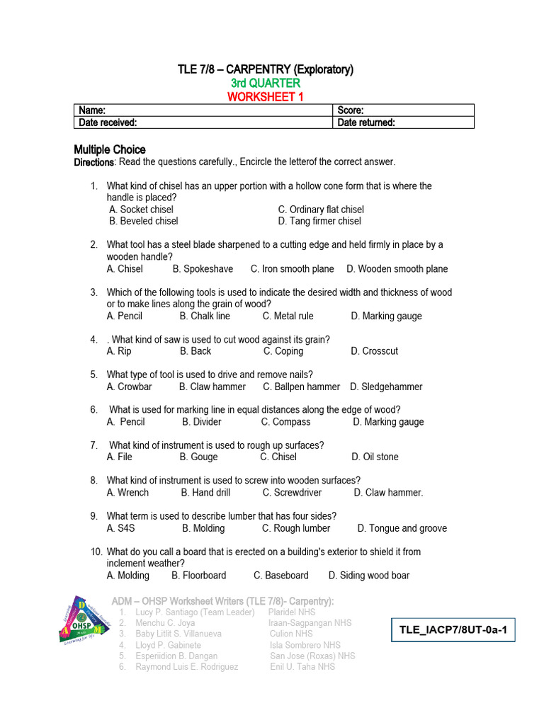 Carpentry Exploratory Worksheets | PDF | Tools