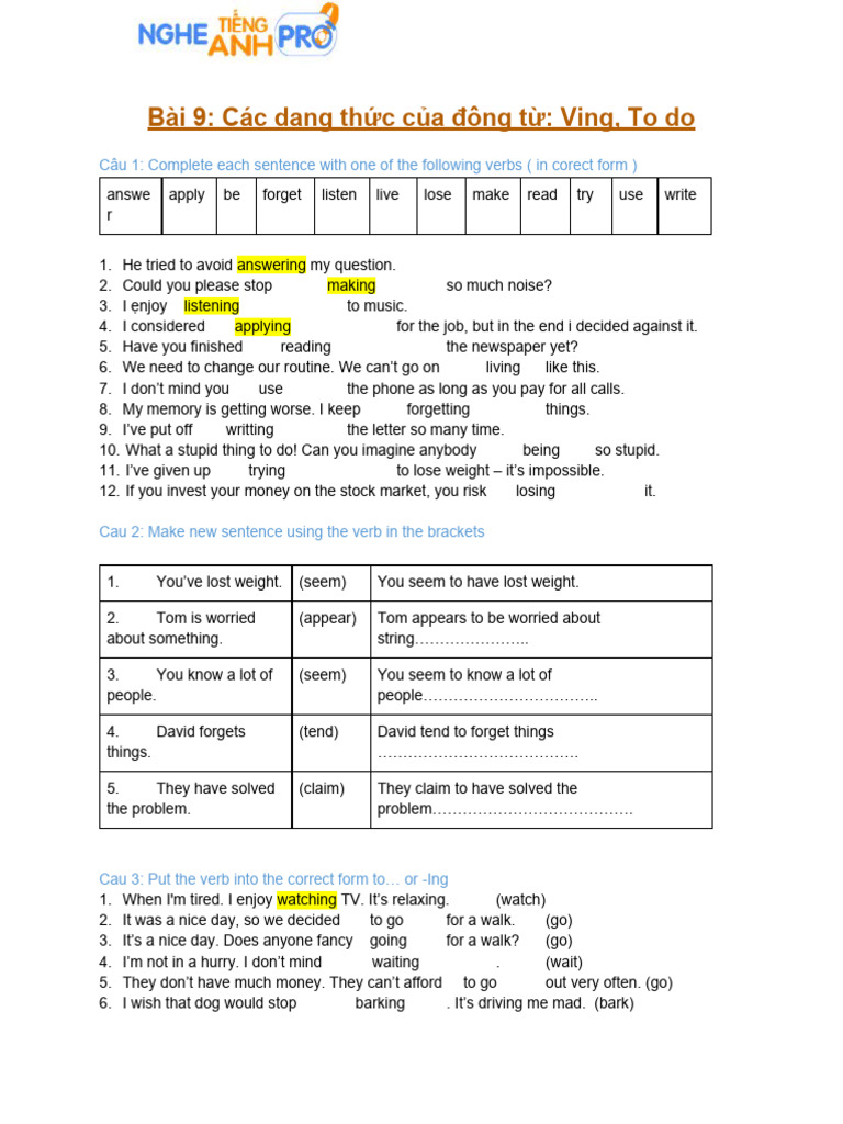 Bài 9 - Các D NG TH C C A Đ NG T - Ving, To Do | PDF | Language Arts ...