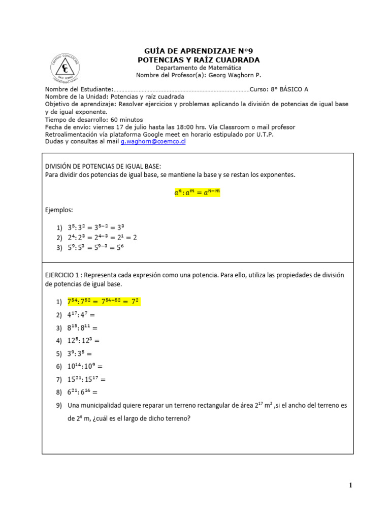 MATEMÁTICA Potencia Division | PDF | Matemáticas | Matemática Elemental