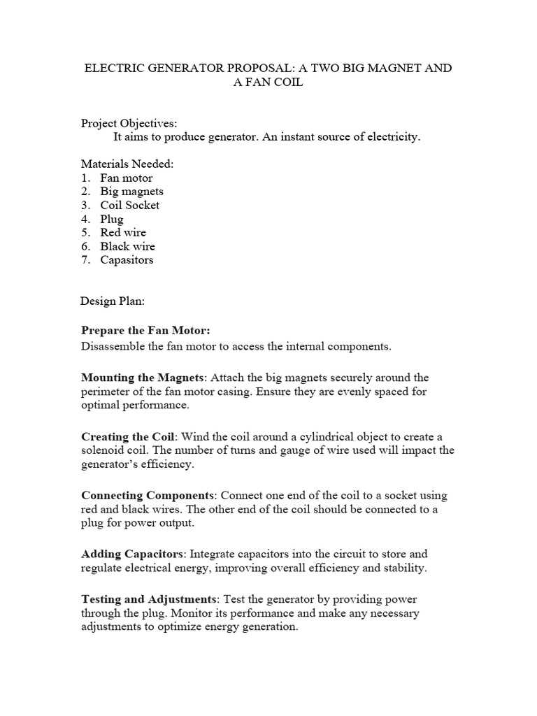 Proposal For Generator | PDF | Electric Generator | Electric Motor