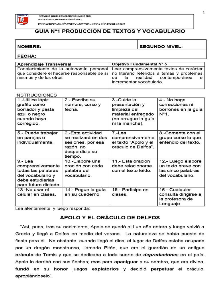 Guia N 1 Vocabulario y Produccion Texto | PDF | Apolo