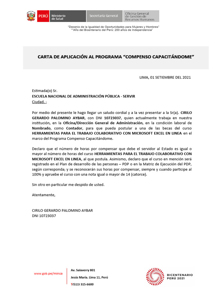 CARTA DE PRESENTACION Y CURSO MICROSOFT EXCEL EN LINEA SET2021 | PDF CARTA DE PRESENTACION Y CURSO MICROSOFT EXCEL EN LINEA SET2021 | PDF