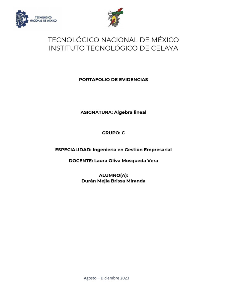Portafolio de evidencias algebra | PDF | Espacio vectorial | Número complejo