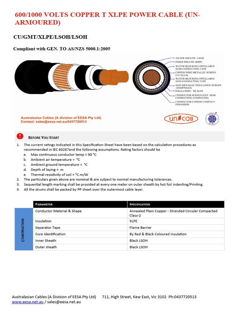 600/1000 Volts Copper T Xlpe Power Cable (Un-Armoured) : Cu/Gmt/Xlpe ...