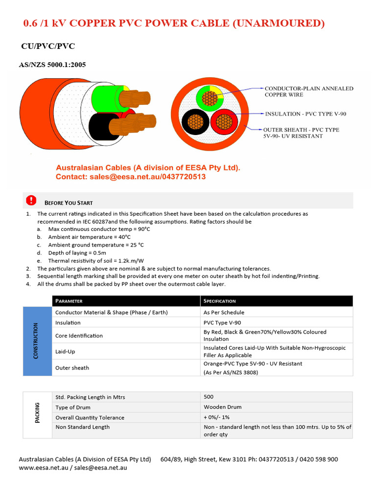 0.6 /1 KV Copper PVC Power Cable (Unarmoured) | PDF | Electrical ...