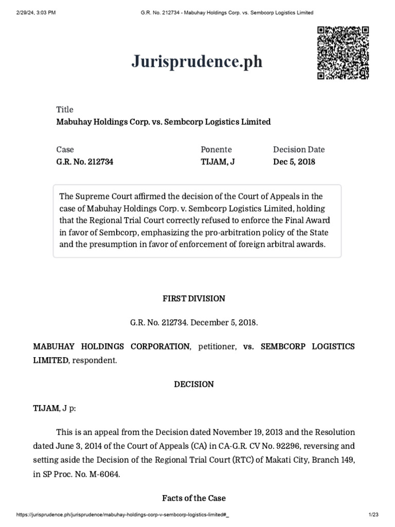 G.R. No. 212734 - Mabuhay Holdings Corp. vs. Sembcorp Logistics Limited ... G.R. No. 212734 - Mabuhay Holdings Corp. vs. Sembcorp Logistics Limited ...