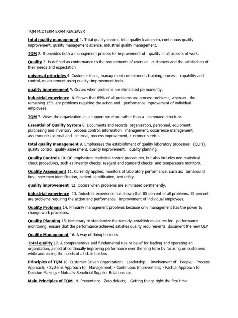 TQM Exam Prep Guide | PDF | Quality Assurance | Quality Management