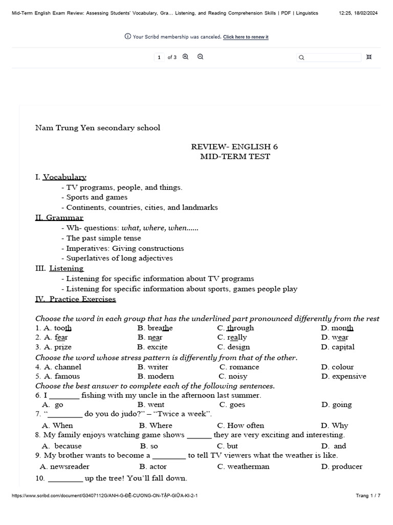 Mid-Term English Exam Review - Assessing Students' Vocabulary, Grammar ...