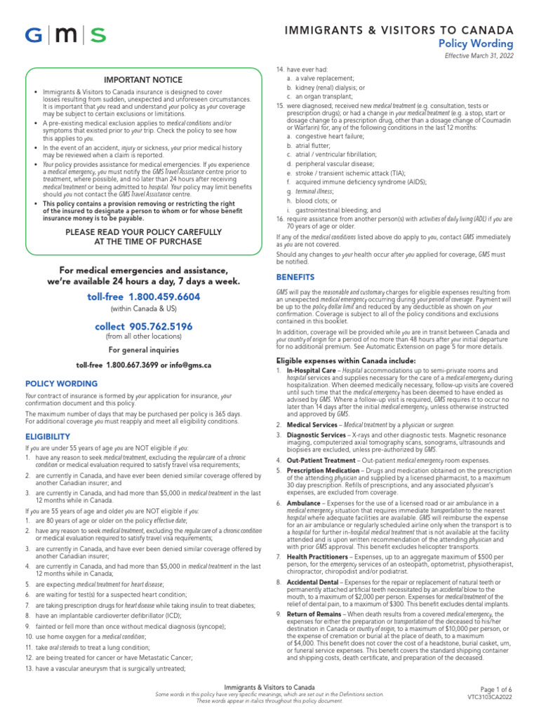 GMS Visitors To Canada Policy Wording | PDF | Insurance | Health Care