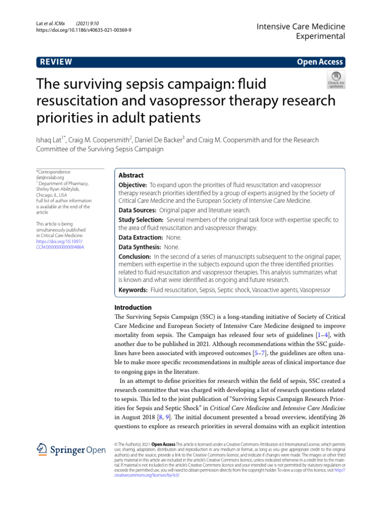 The Surviving Sepsis Campaign: Fluid Resuscitation and Vasopressor ...