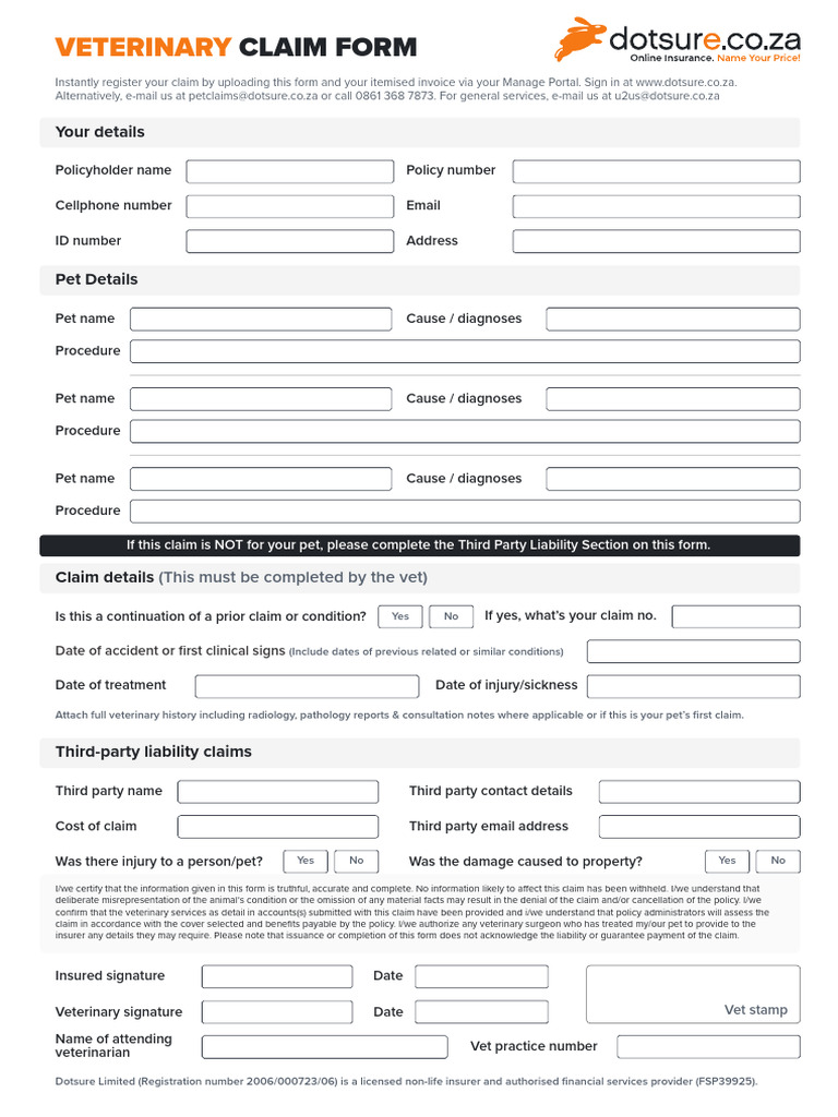 Dotsure Veterinary Claim Form 20210714 | PDF | Insurance